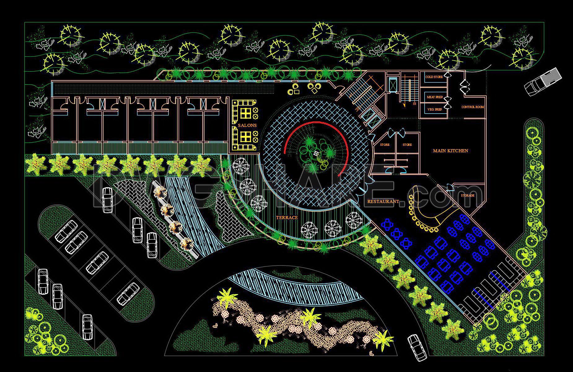 141. Download CAD floor plan drawings of a hotel and restaurant design