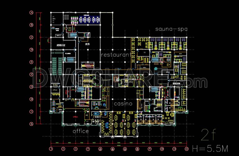 165. Free CAD Floor Plan – Casino, Restaurant & Spa Complex 2F Layout