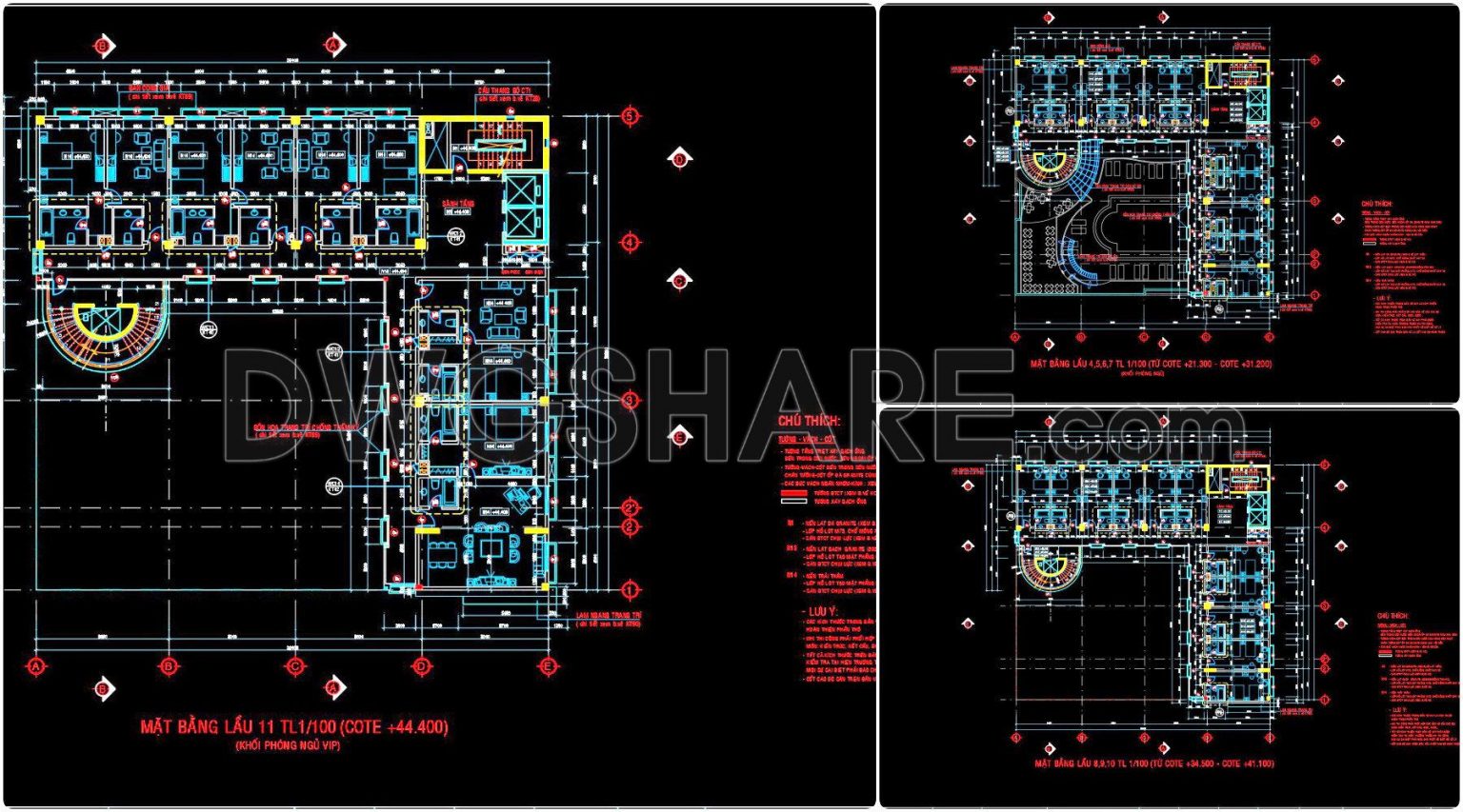 166. Free Download CAD Drawing of Typical Hotel Floor Plan (Levels 4–7)