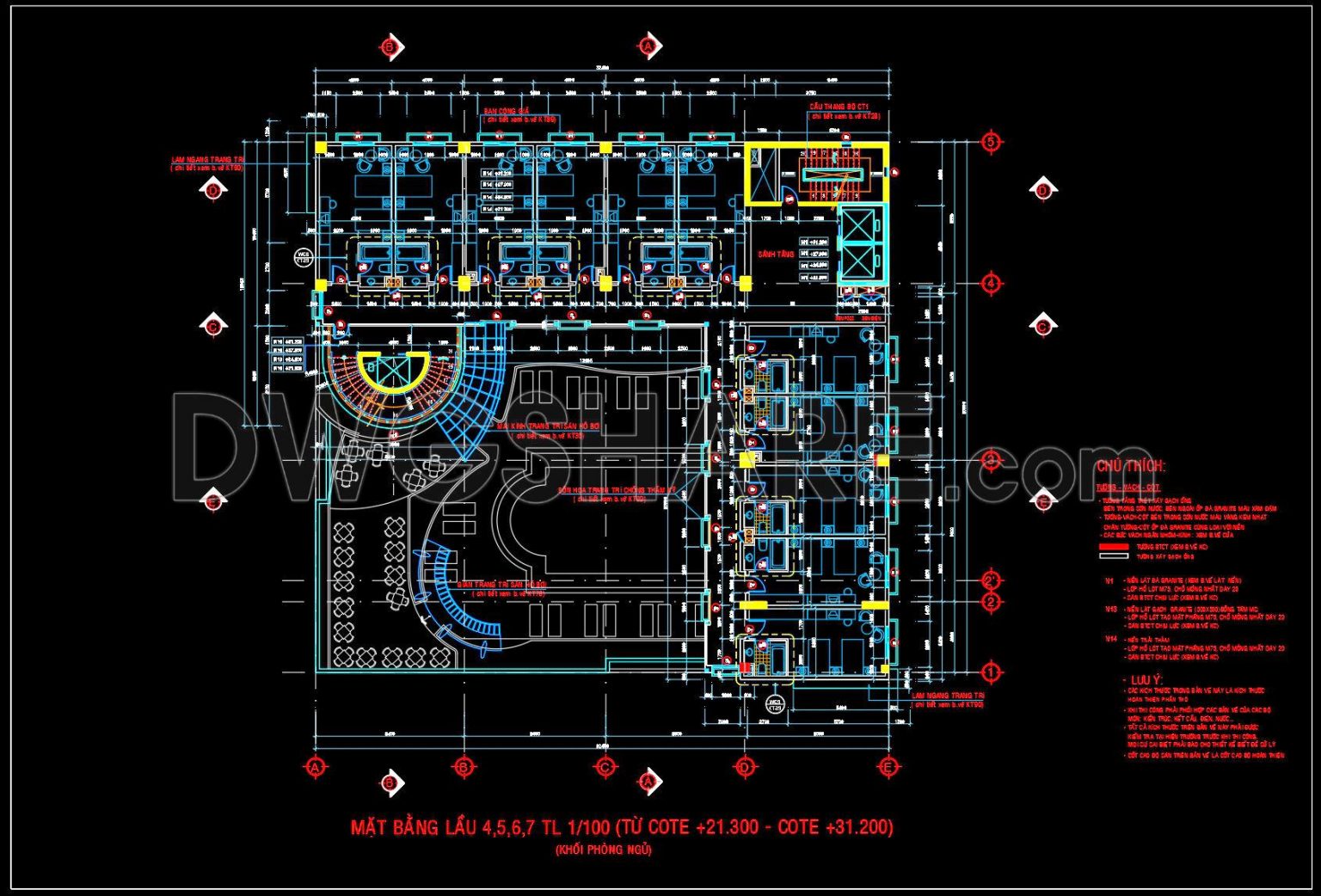 166. Free Download CAD Drawing of Typical Hotel Floor Plan (Levels 4–7)