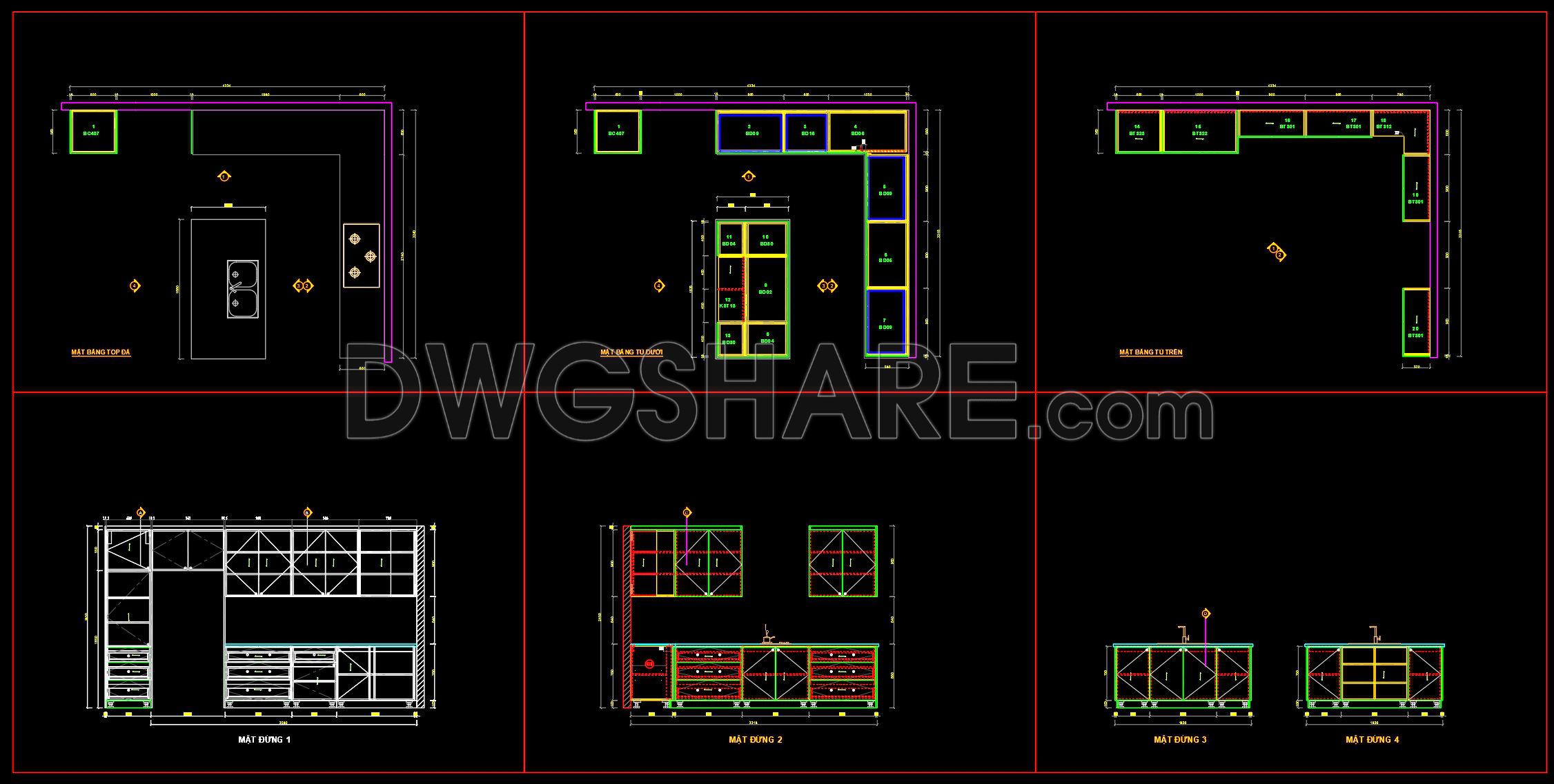 197. Free download CAD technical drawings of kitchen cabinets for the house