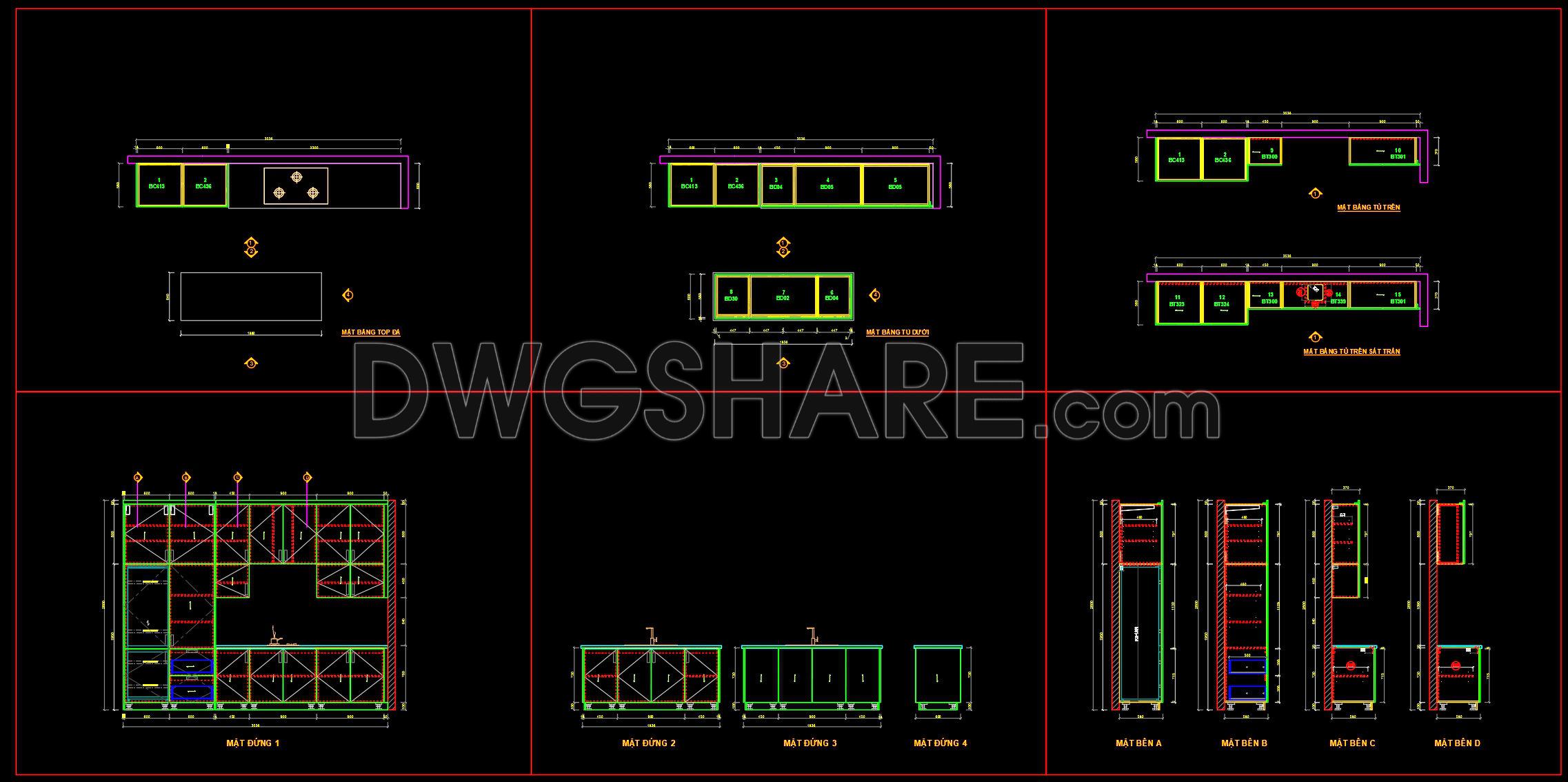 198. Free download CAD technical drawings of kitchen cabinets for the house