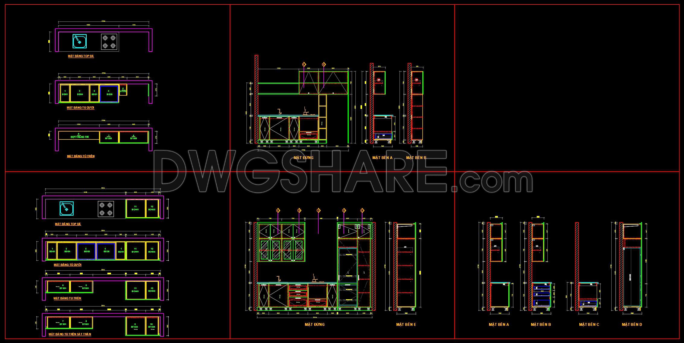 199. Free download CAD technical drawings of kitchen cabinets for the house