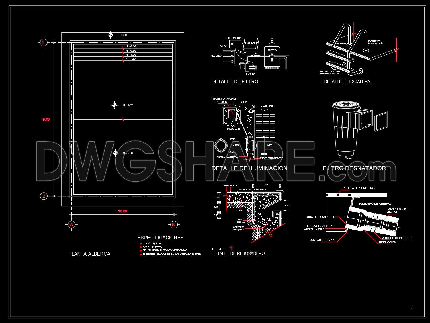 33. Free DWG CAD Swimming Pool 10x15m with Detail Drawings