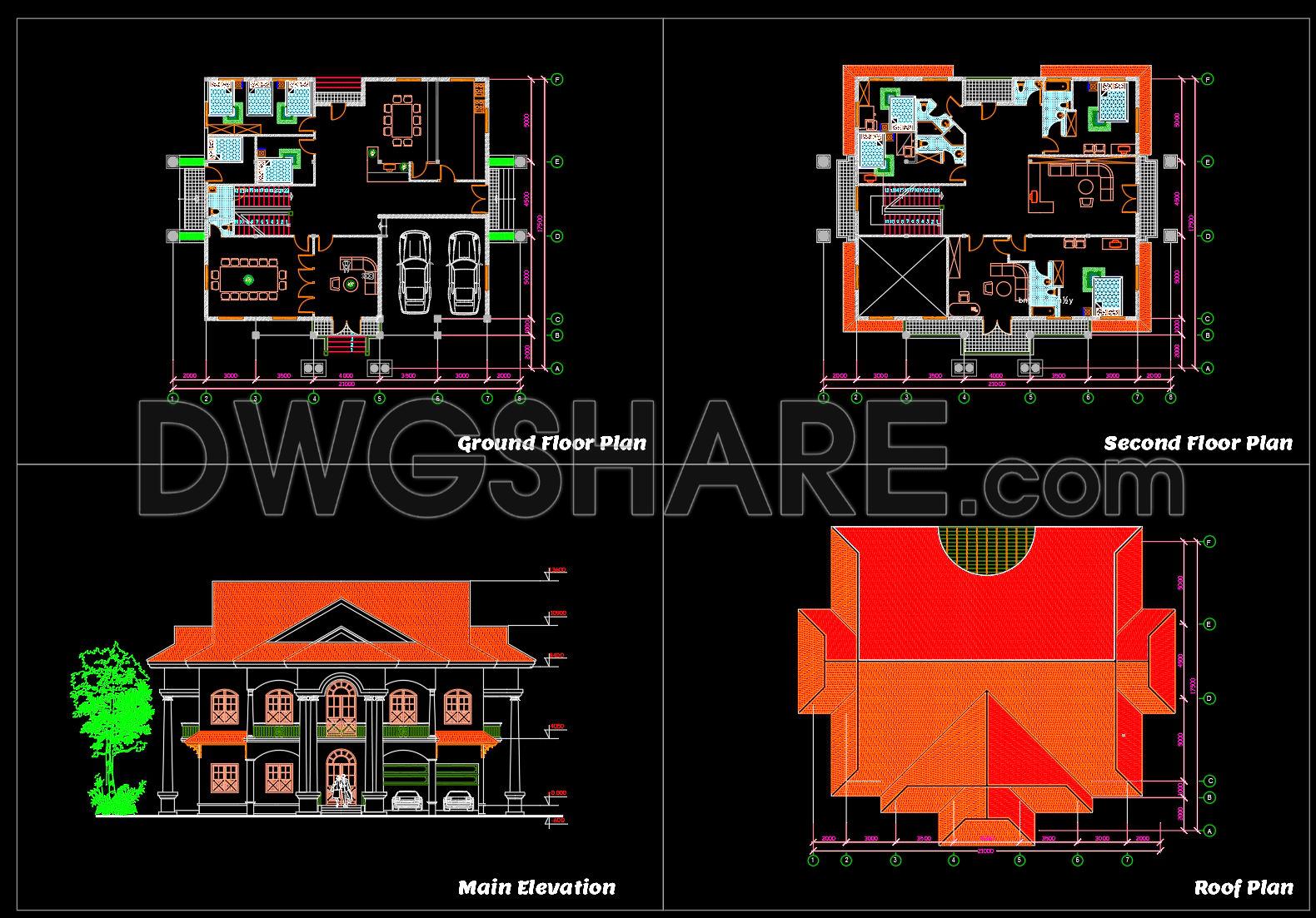 818. Free download of a 2-storey family house CAD drawing with a floor ...