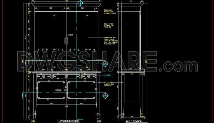 131. Detailed CAD Drawing of Wooden Bookshelf Cabinet for Living Room ...