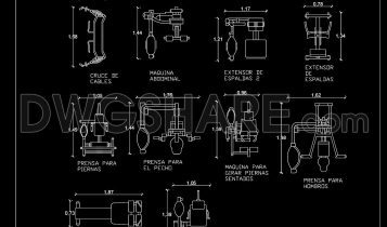 AutoCAD drawings of sports equipment and gym room layouts