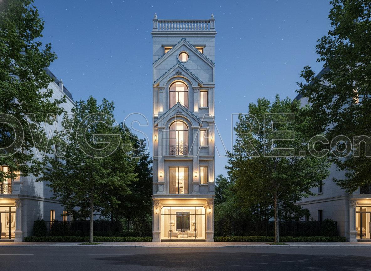 860. Full CAD Drawing of 5-Storey Townhouse – Detailed Floor Plans & Facade