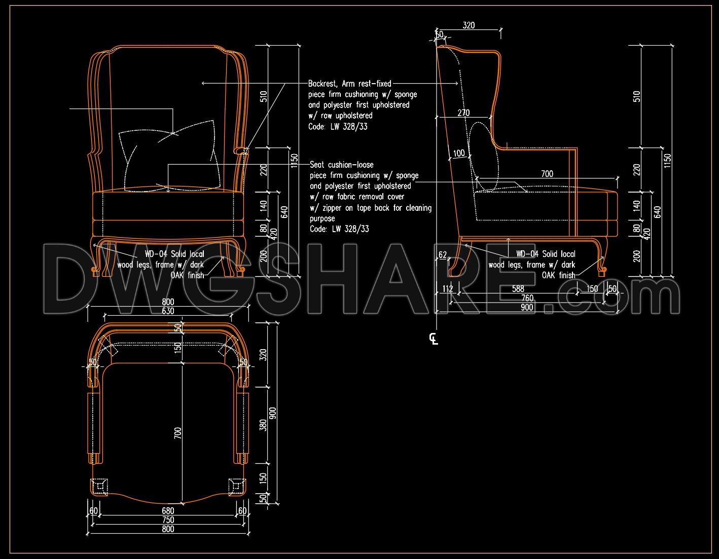 132. Classic Armchair CAD Drawing with Dimensions – Free DWG File