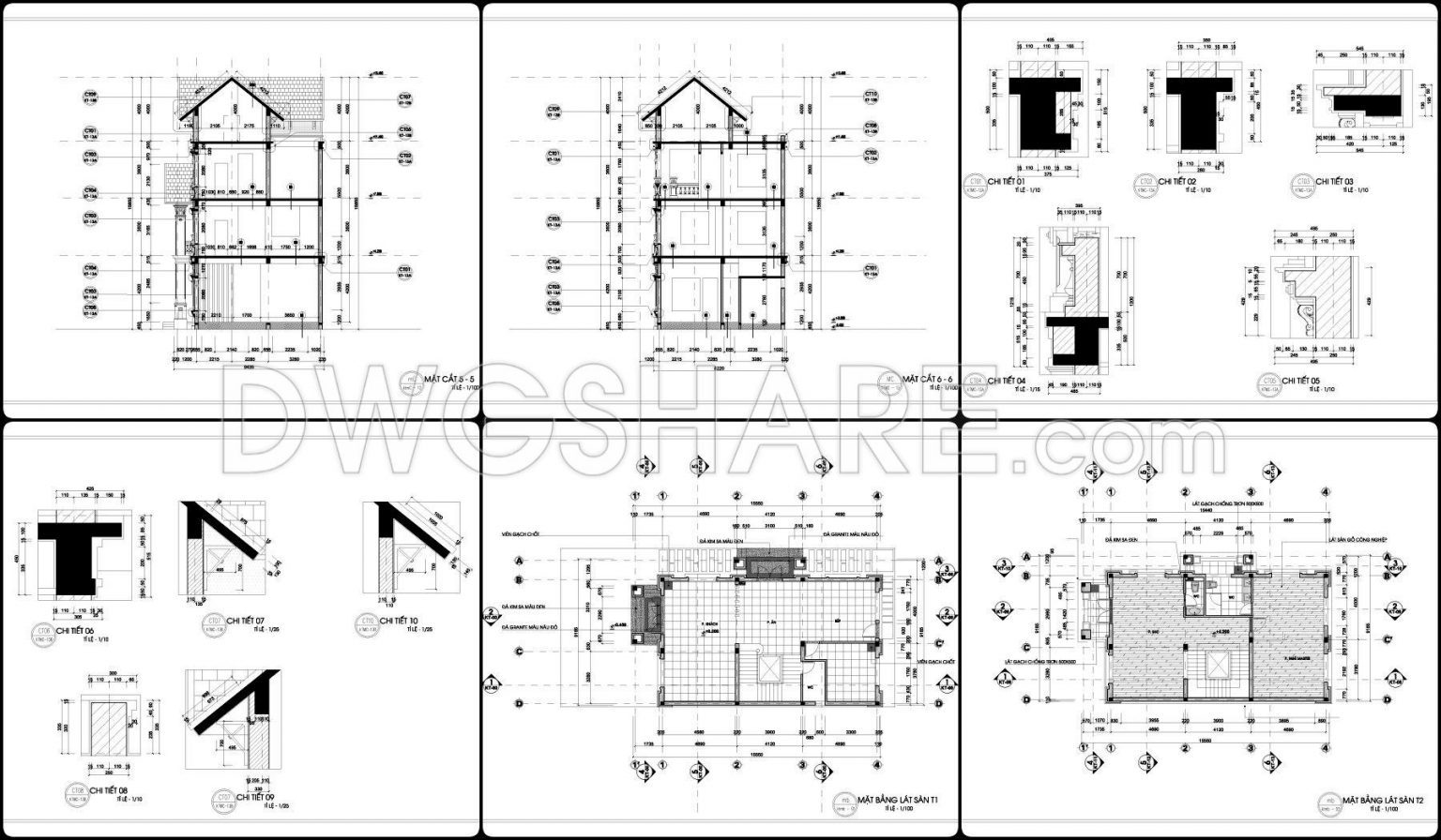 875. Free CAD Drawing of a 2-Storey Villa – Complete Architectural Plans