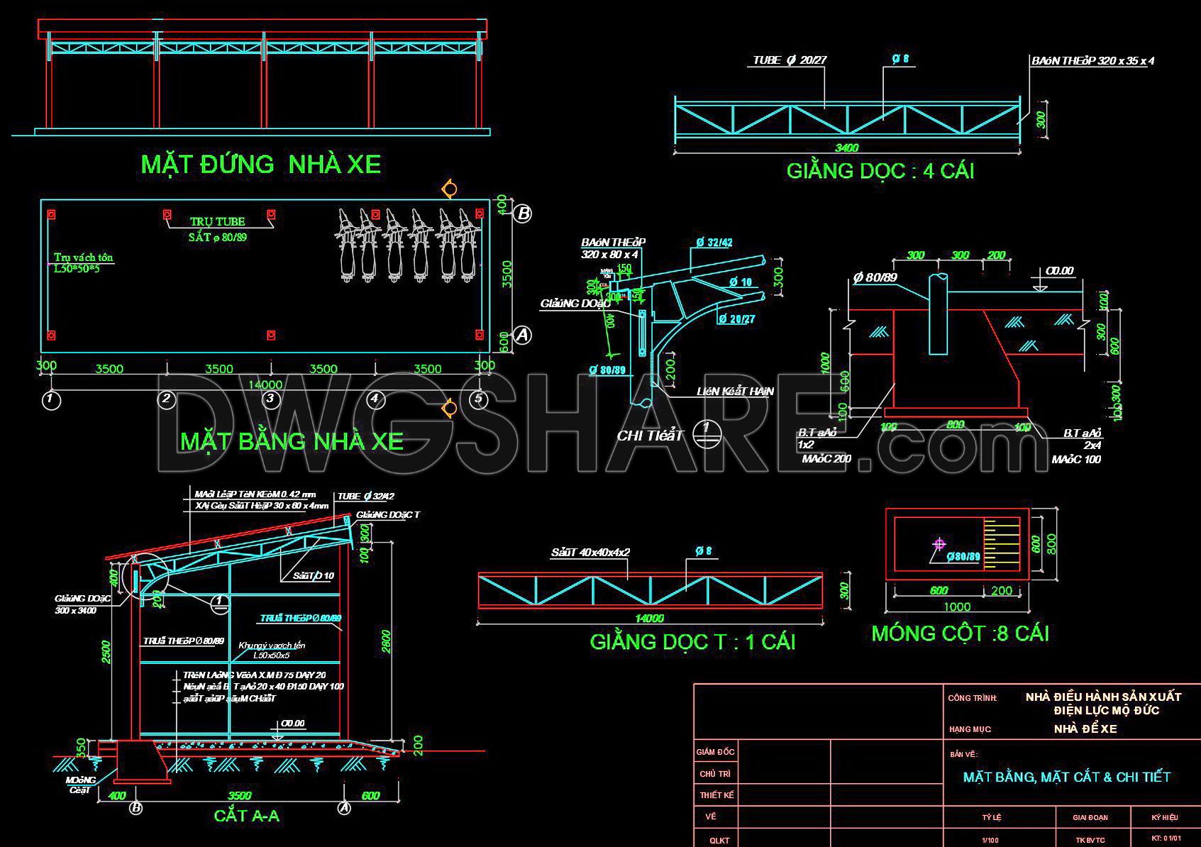 16. Free CAD Parking Shed Drawing – Steel Structure Plan, Section ...