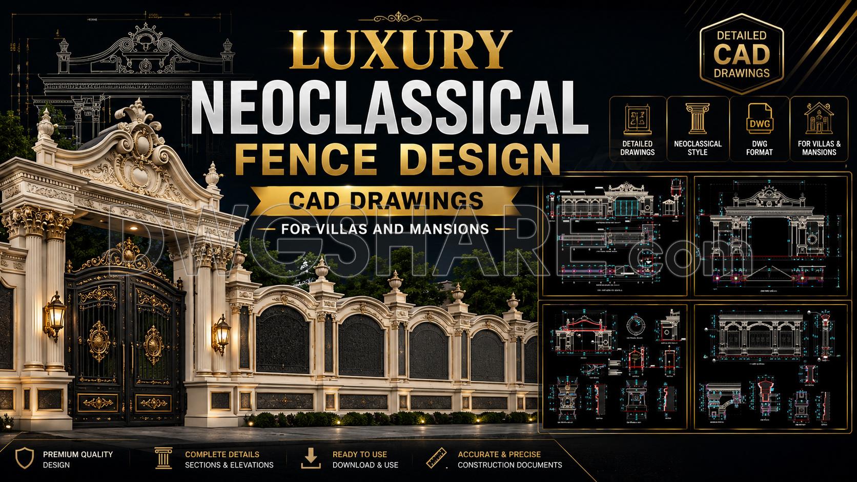 308. Luxury Neoclassical Fence Design CAD Drawings for Villas and Mansions