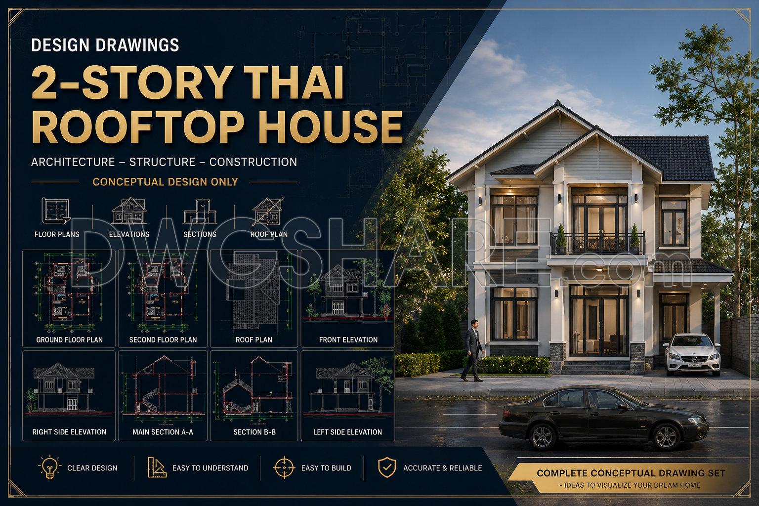 808. 2-Story House CAD Design with Thai Roof – Floor Plans, Elevations ...