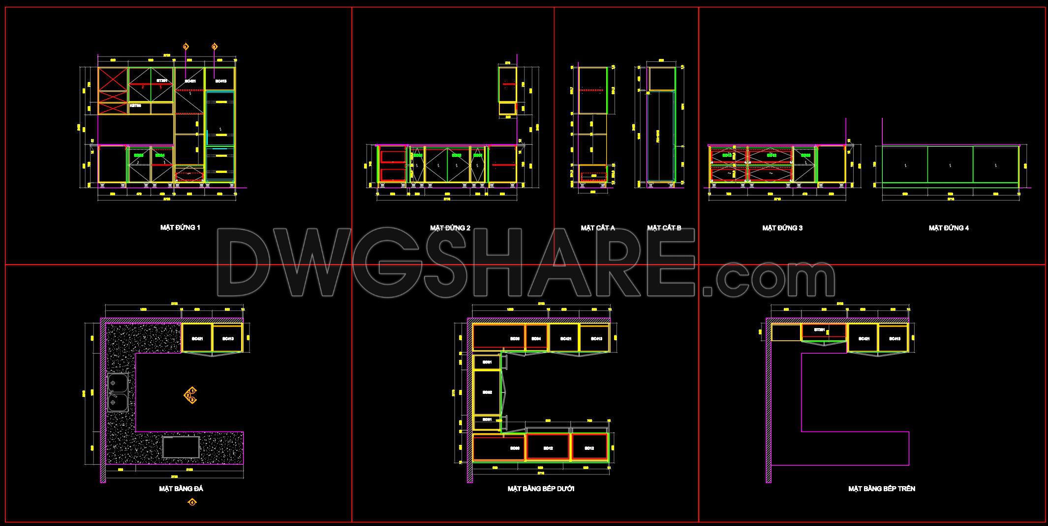 240. Free DWG Files of Modern Kitchen Cabinet Technical Details