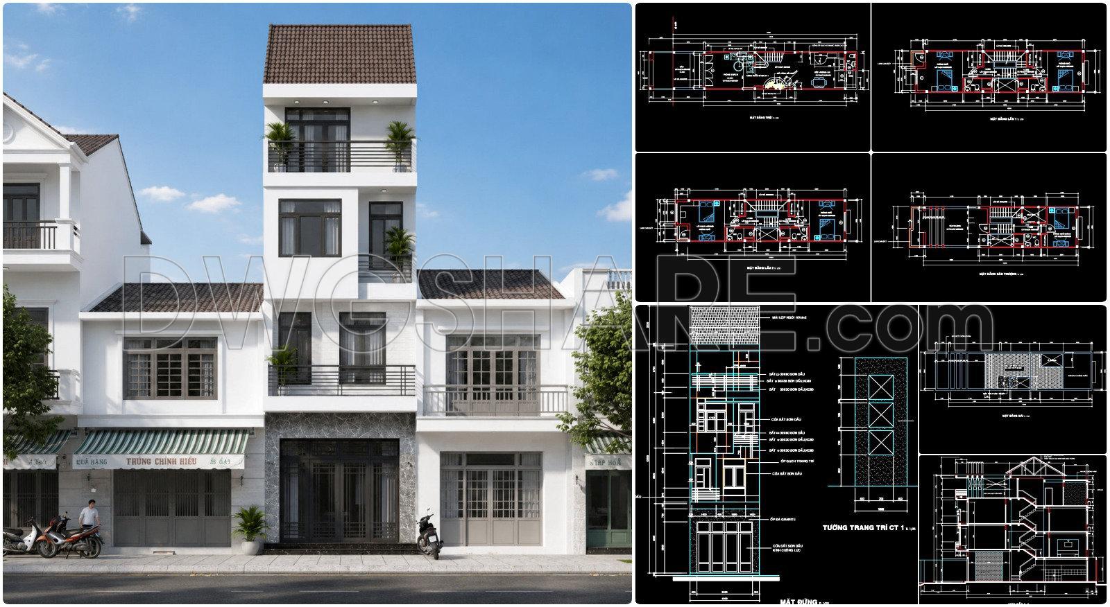 446. Architectural CAD Drawings for a 4m x 15m Modern 4-Storey House (4 ...
