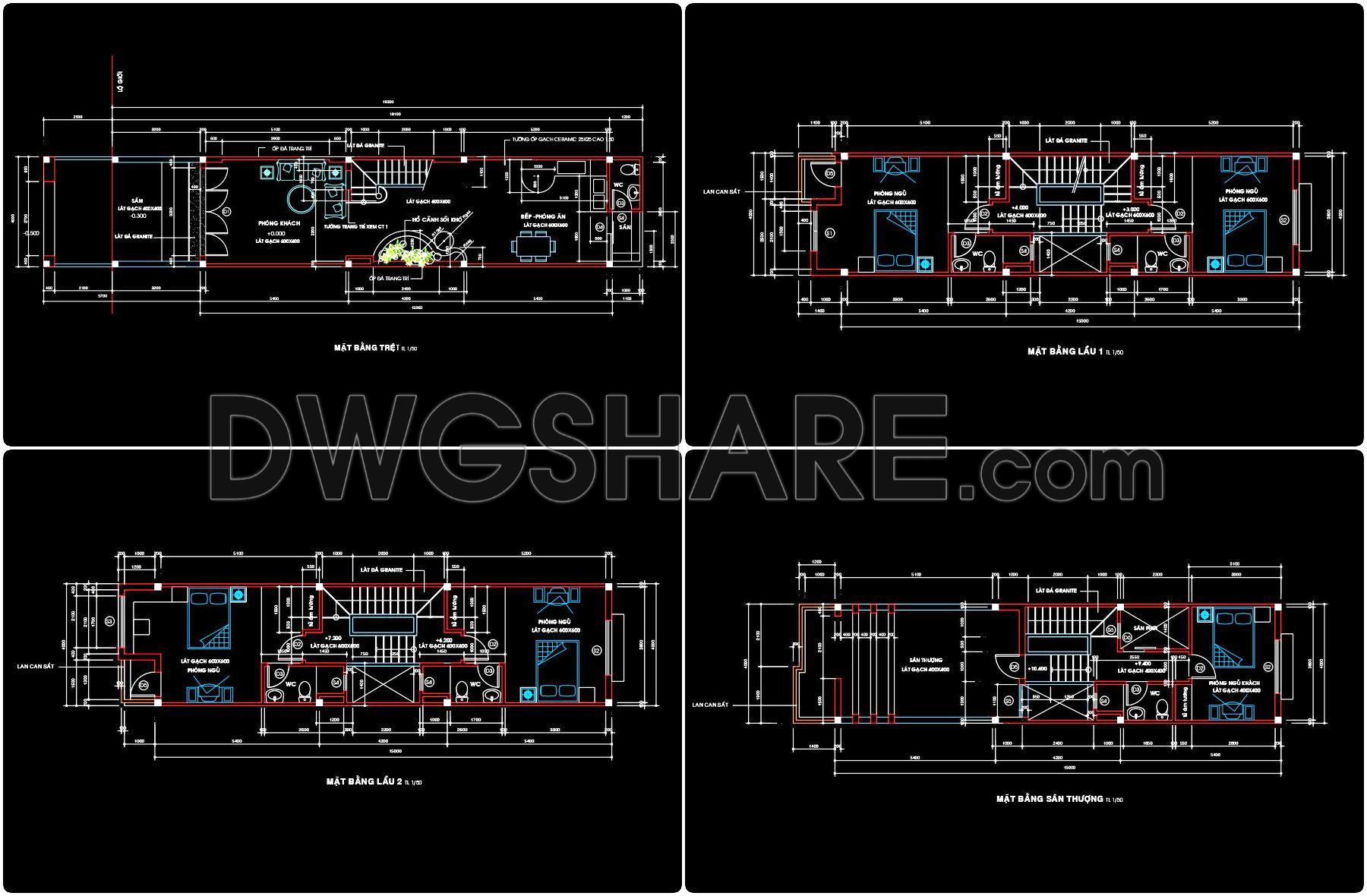 446. Architectural CAD Drawings for a 4m x 15m Modern 4-Storey House (3 ...