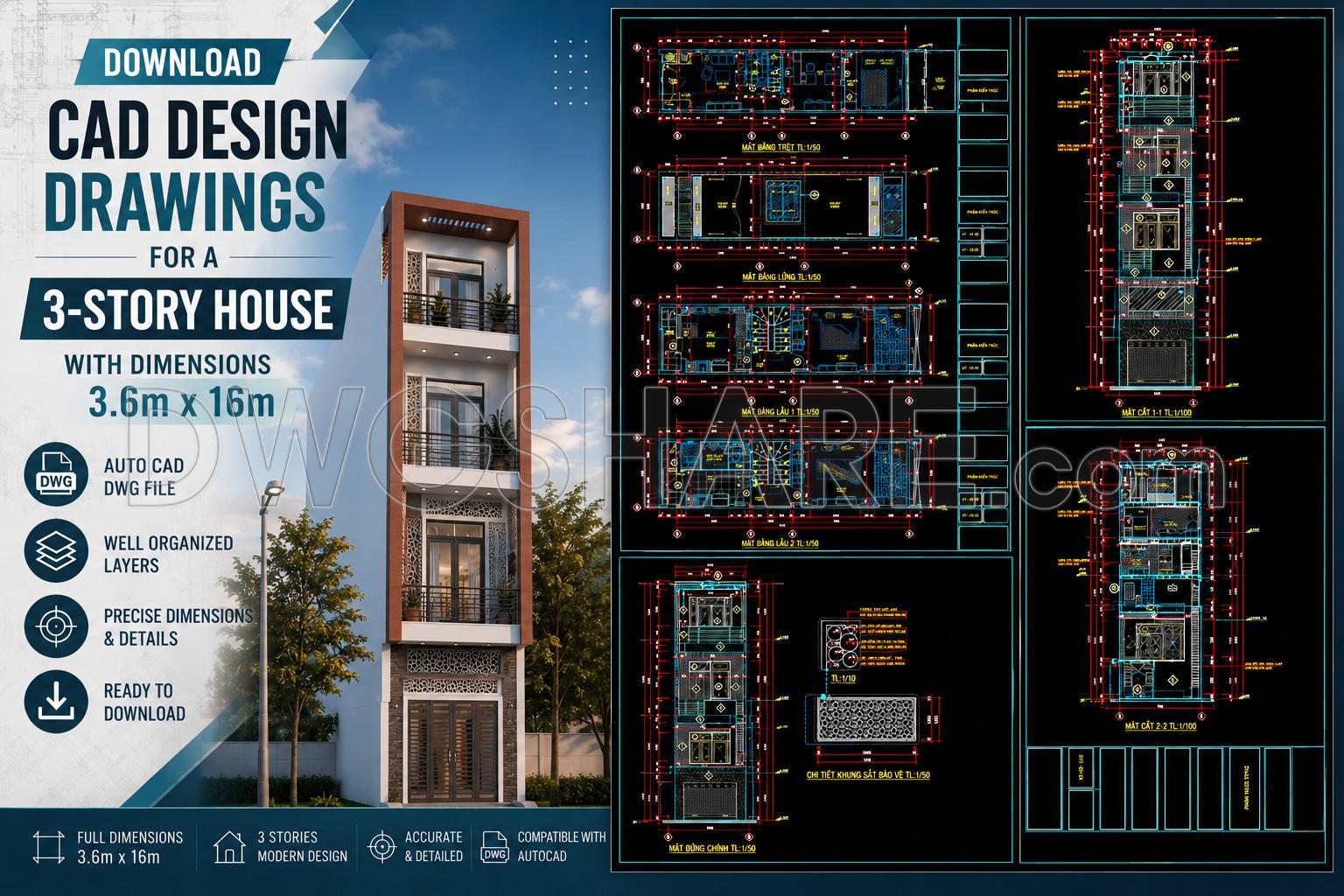 498. Download CAD Design Drawings for a 3-Story House with Dimensions 3 ...